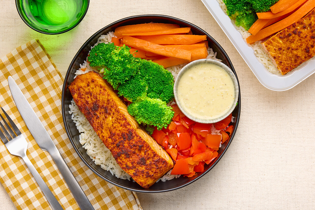 Roasted salmon, coconut lime sauce