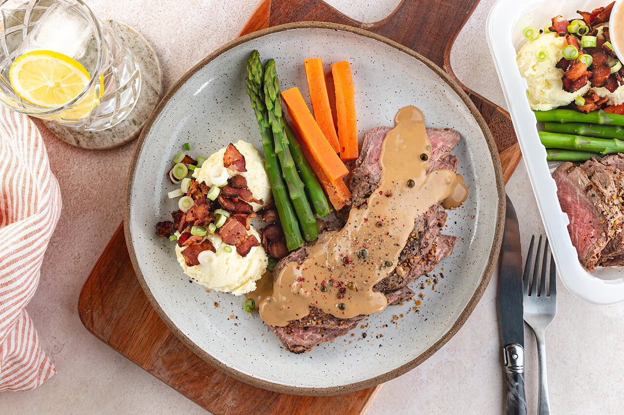 Grilled beef steak, pepper sauce