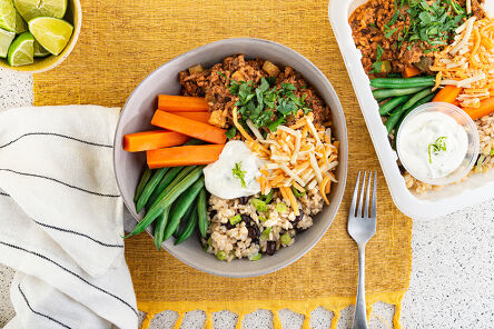 Taco-style meat chili, lime and pepper sour cream