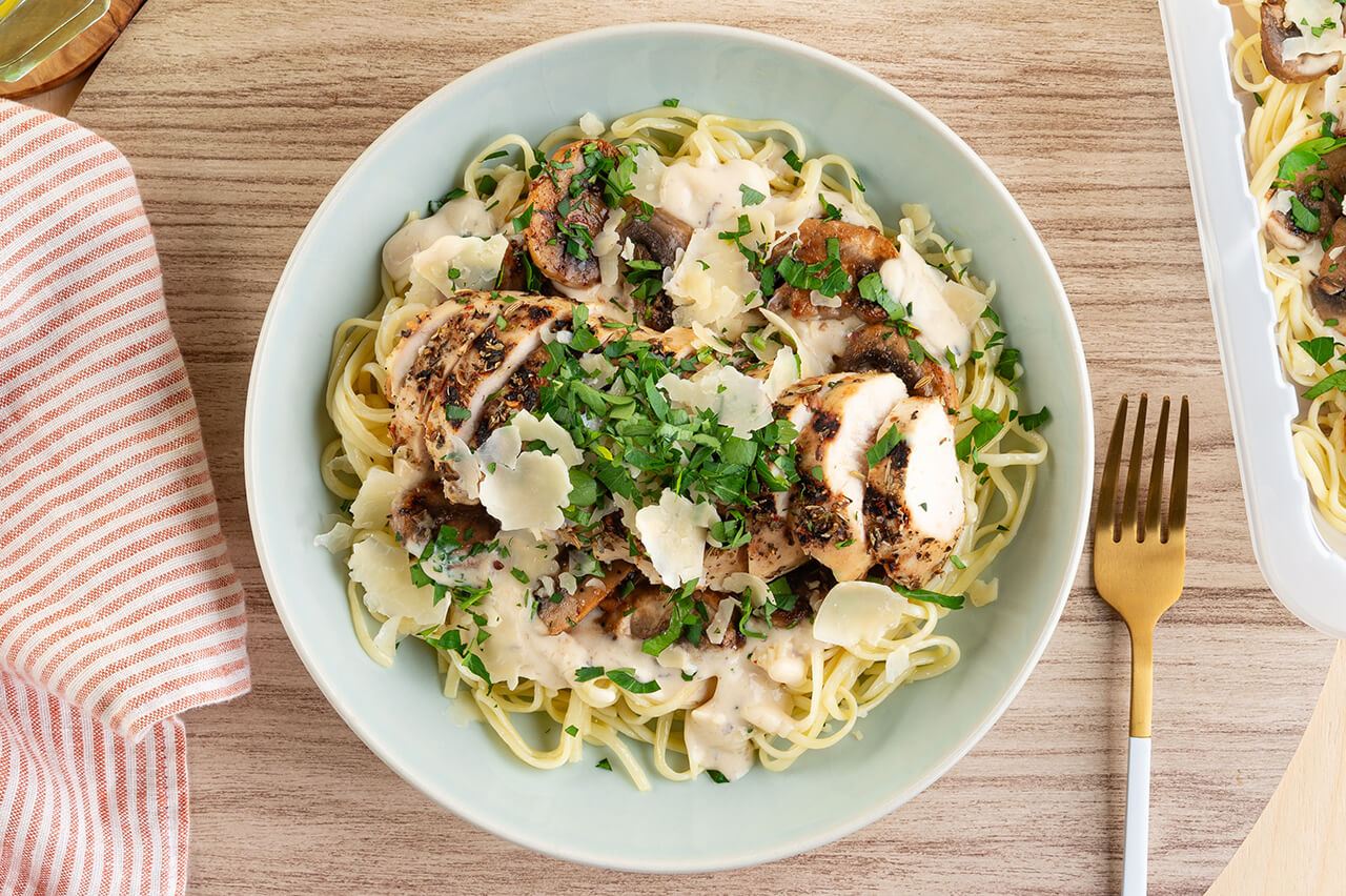 Italian-style grilled chicken with creamy truffle linguine