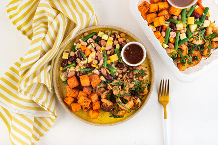 2. Crevettes rôties miel et ail, salade de légumineuses